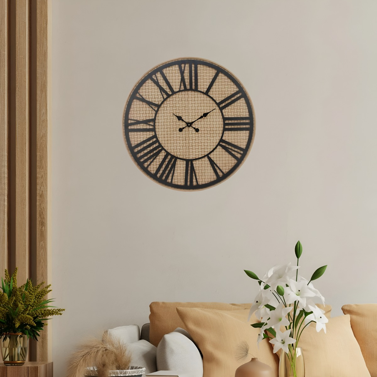 RELOJ PARED RÚSTICO MADERA RATÁN NÚMEROS ROMANOS JHN