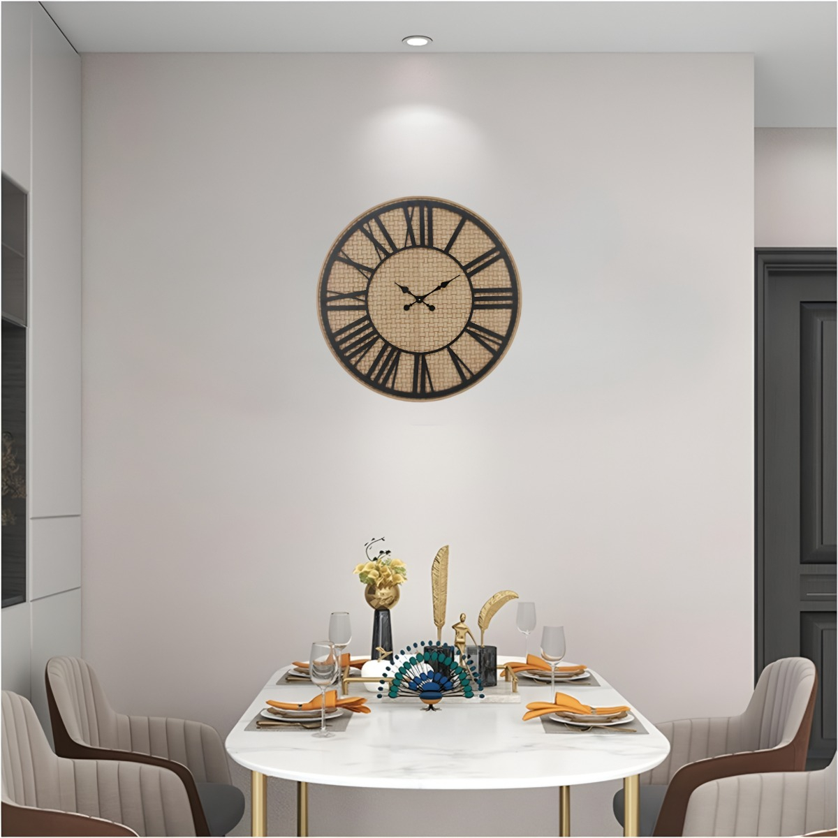 RELOJ PARED RÚSTICO MADERA RATÁN NÚMEROS ROMANOS JHN