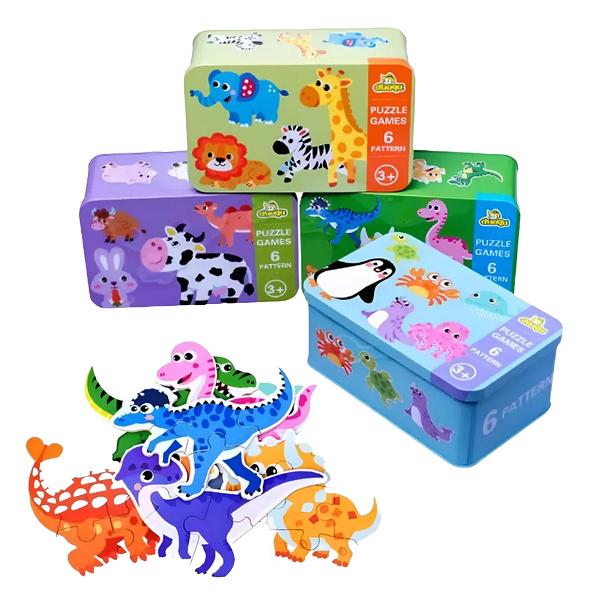 PUZZLE INTERACTIVO 6 EN 1 DE ANIMALES EN CAJA METALICA