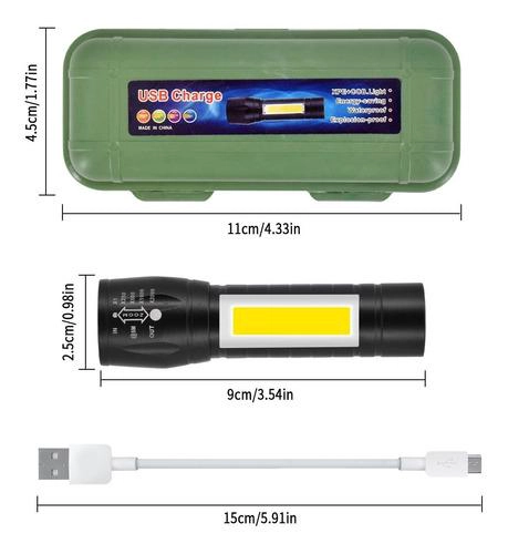 LINTERNA TACTICA COMPACTA LED RECARGABLE CON ZOOM USB