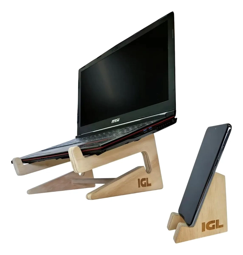 ALZA PARA LAPTOP Y SOPORTE PARA CELULAR DE MADERA NATURAL