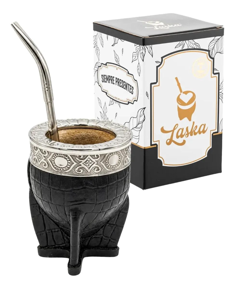 MATE DE CALABAZA PREMIUM CON CUERO CROCO Y VIROLA DE ALPA