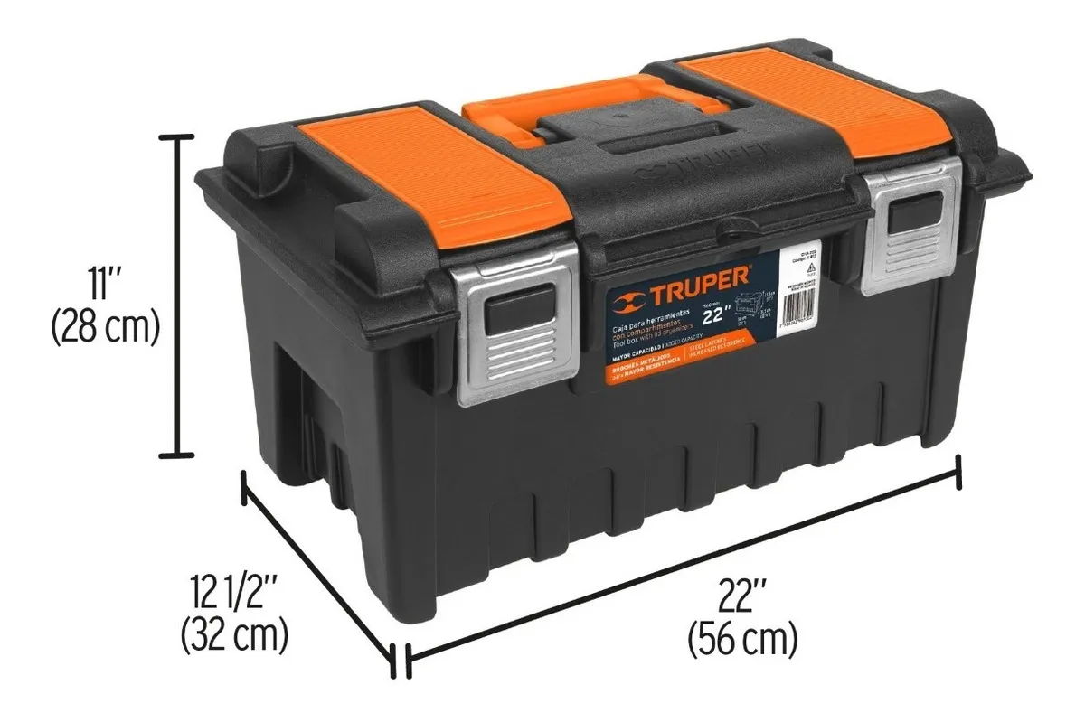 CAJA PLÁSTICA 22 PULG (56 CM) CON BROCHE METÁLICO, TRUPER COLOR NARANJA