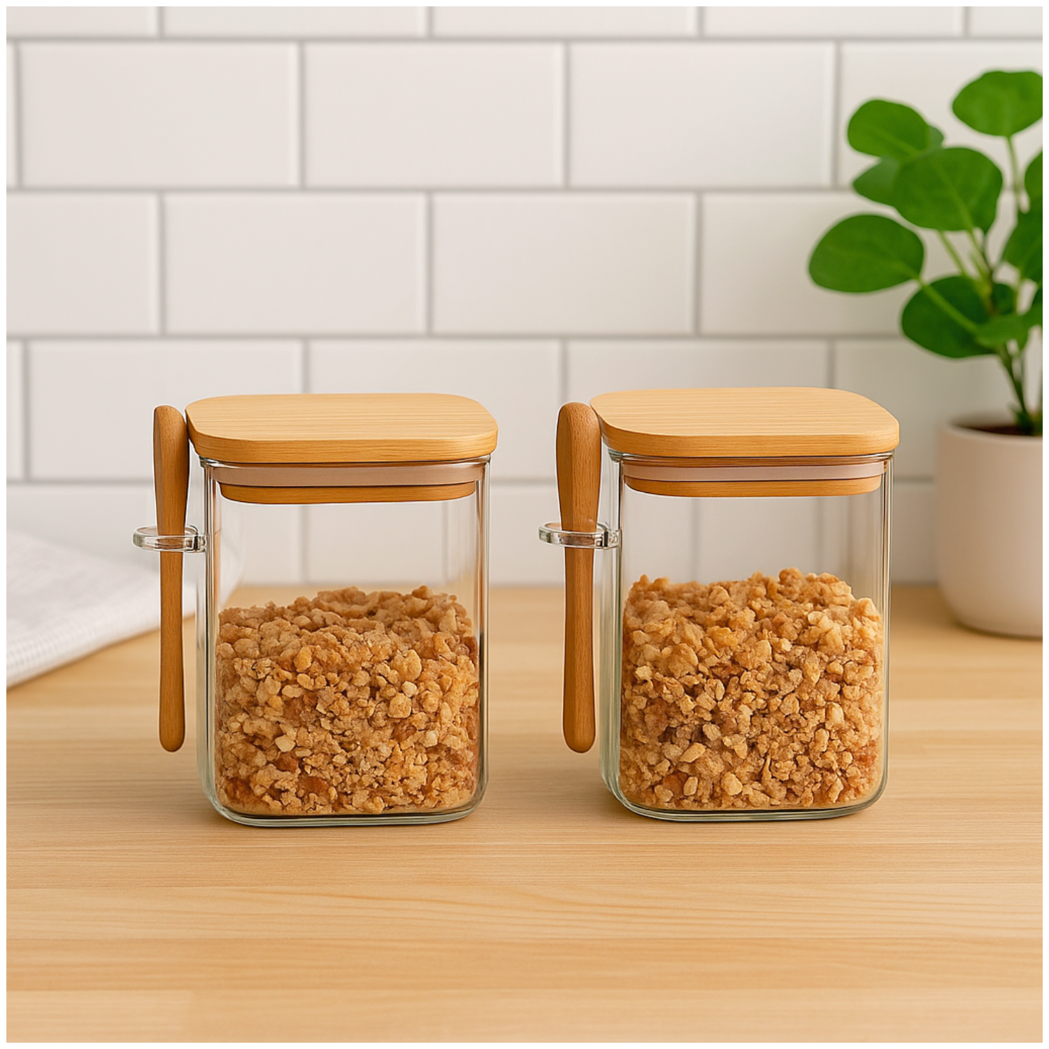 SET 2 FRASCO CONTENEDOR 1400ML 15CM CUADRADO CUCHARA BAMBÚ