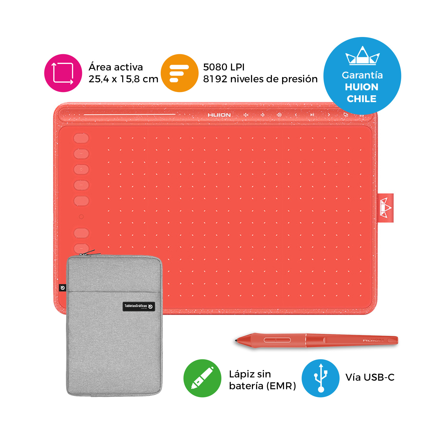 TABLETA GRAFICA HUION HS611 RED CON BARRA MULTIMEDIA Y FUNDA - TG
