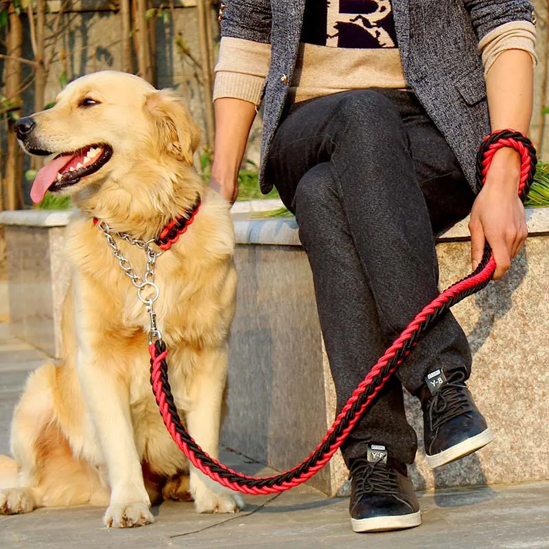 SET CORREA PERROS TRENZADA GRANDES + COLLAR AHORQUE XL ROJO NEGRO ...