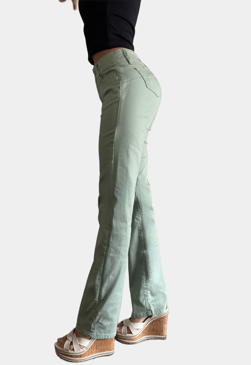 PANTALON RECTO ALGODÓN STRAIGHT FIT MUJER TENTATION VERDE TIRO ALTO PUSH UP