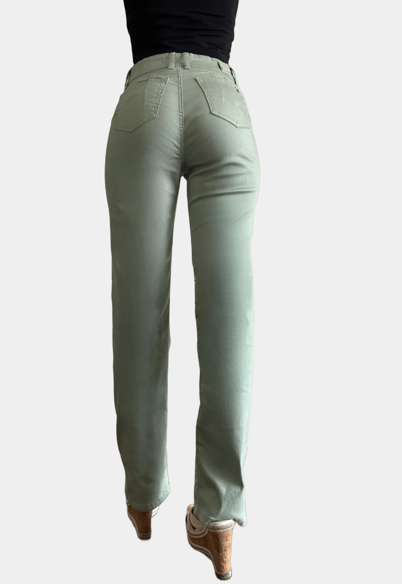 PANTALON RECTO ALGODÓN STRAIGHT FIT MUJER TENTATION VERDE TIRO ALTO PUSH UP
