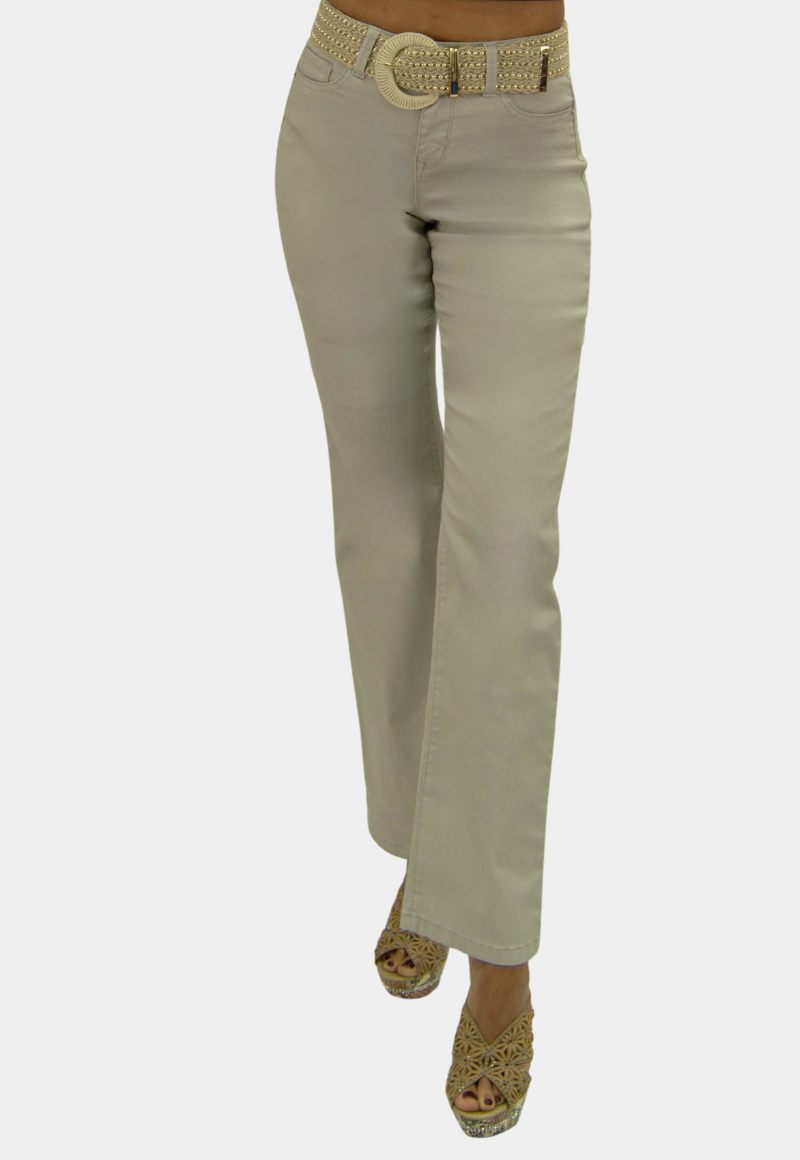 PANTALON RECTO ALGODÓN STRAIGHT FIT MUJER TENTATION BEIGE TIRO ALTO PUSH UP