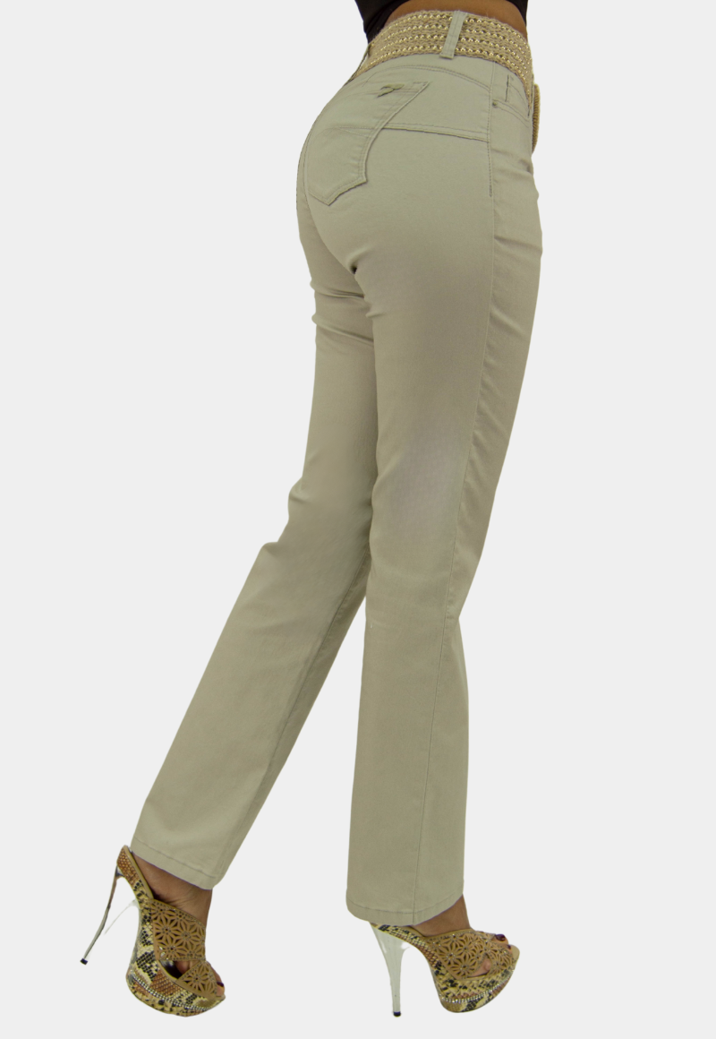 PANTALON RECTO ALGODÓN STRAIGHT FIT MUJER TENTATION BEIGE TIRO ALTO PUSH UP