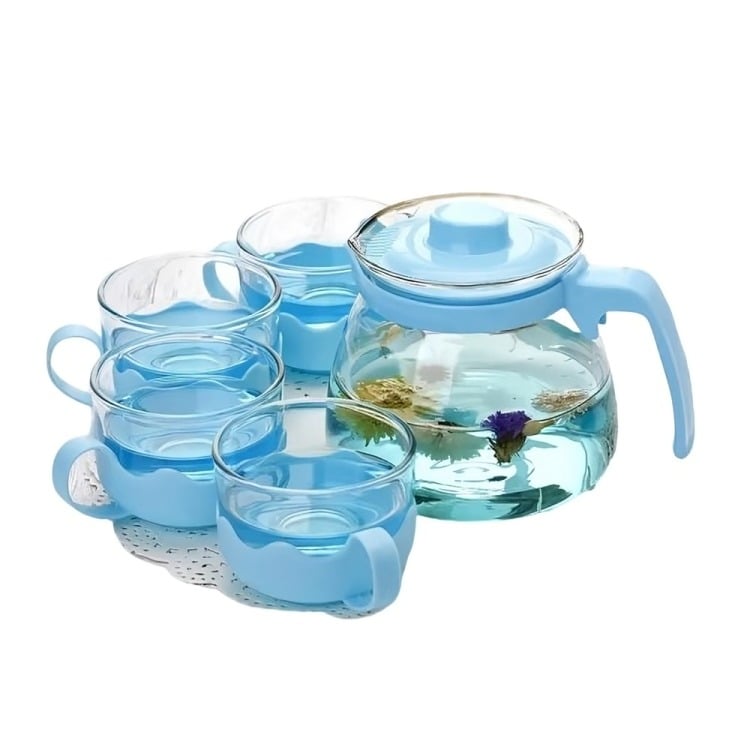 TETERA DE VIDRIO CON SET 4 TAZAS ROSADO