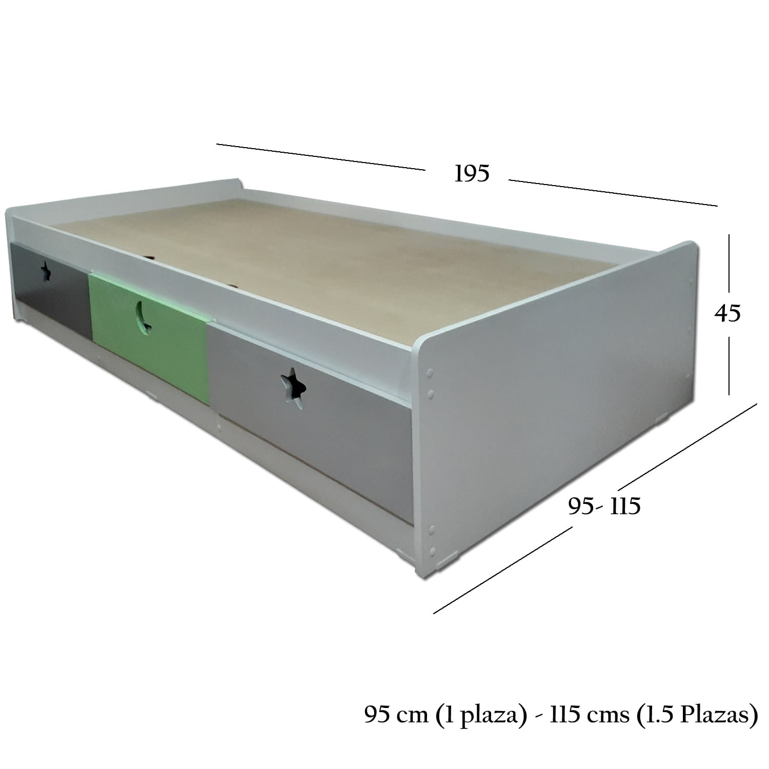 CAMA DE 3 CAJONES 1 PLAZA VERDE GRIS