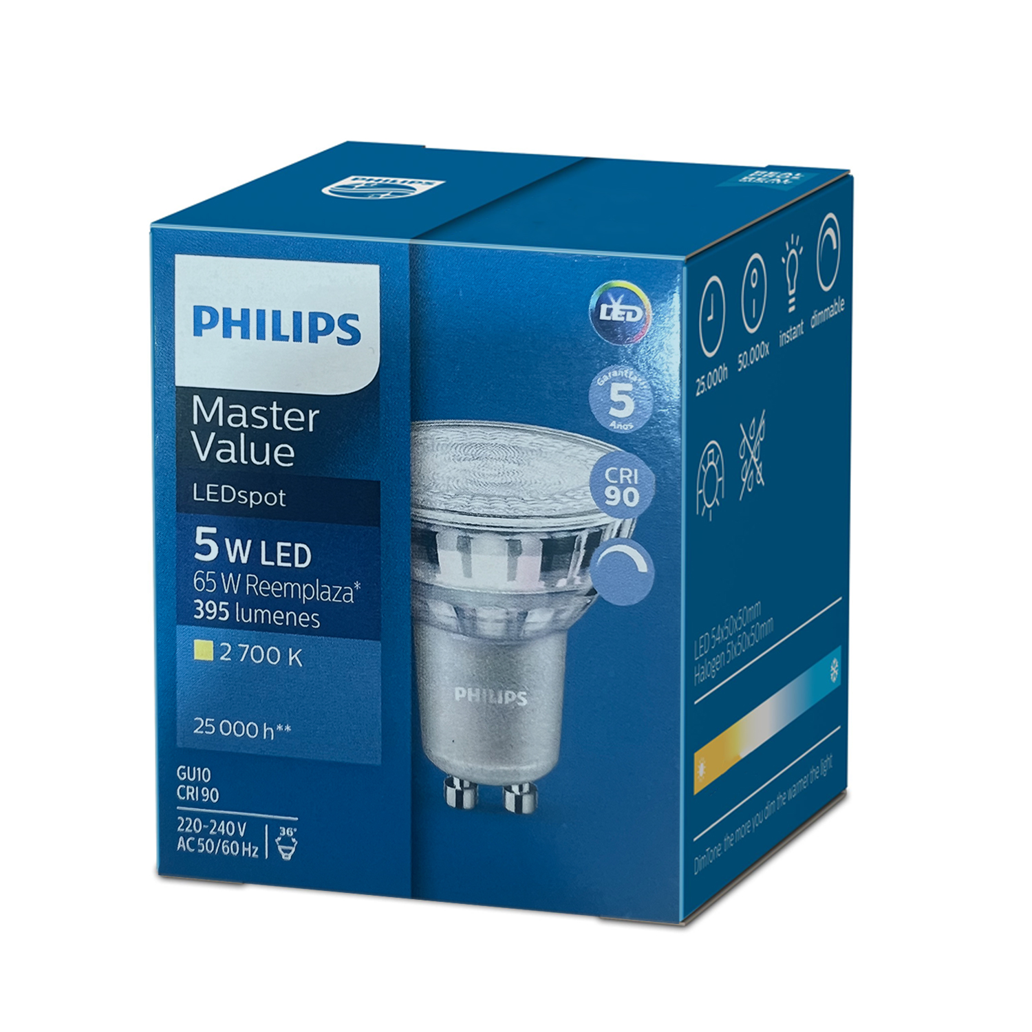 Ripley - PACK 5 AMPOLLETA PHILIPS DIMEABLE MASLED SPOT VLE 5W GU10 CÁLIDO