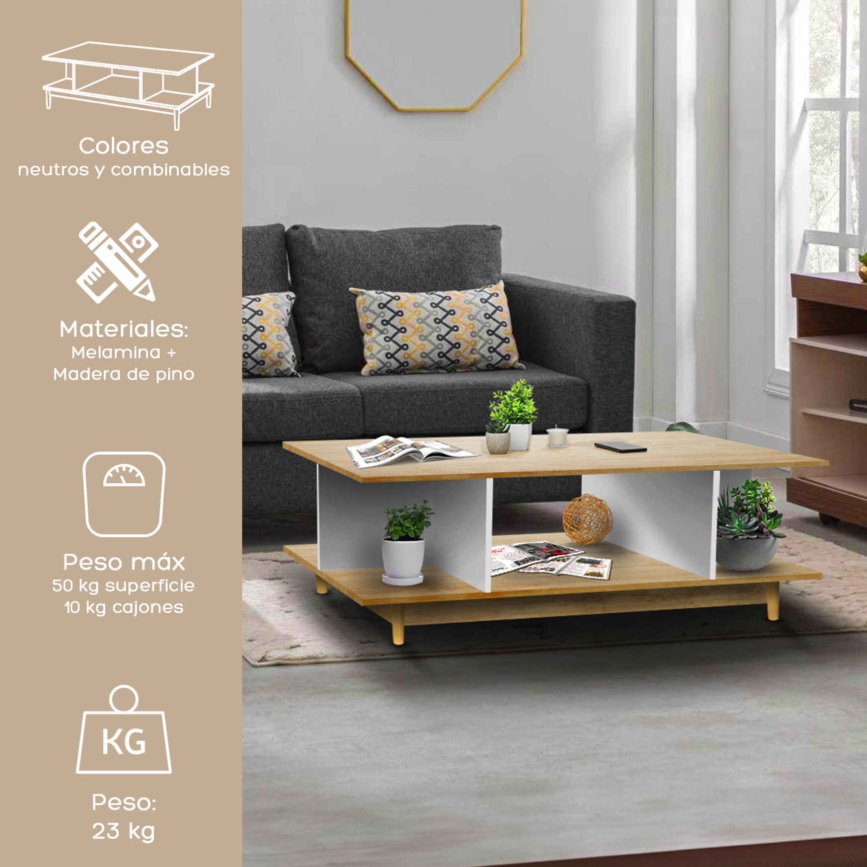 MESA CENTRO RELAN TOP LIVING BARI RECTANGULAR LATERAL NÓRDICA MADERA
