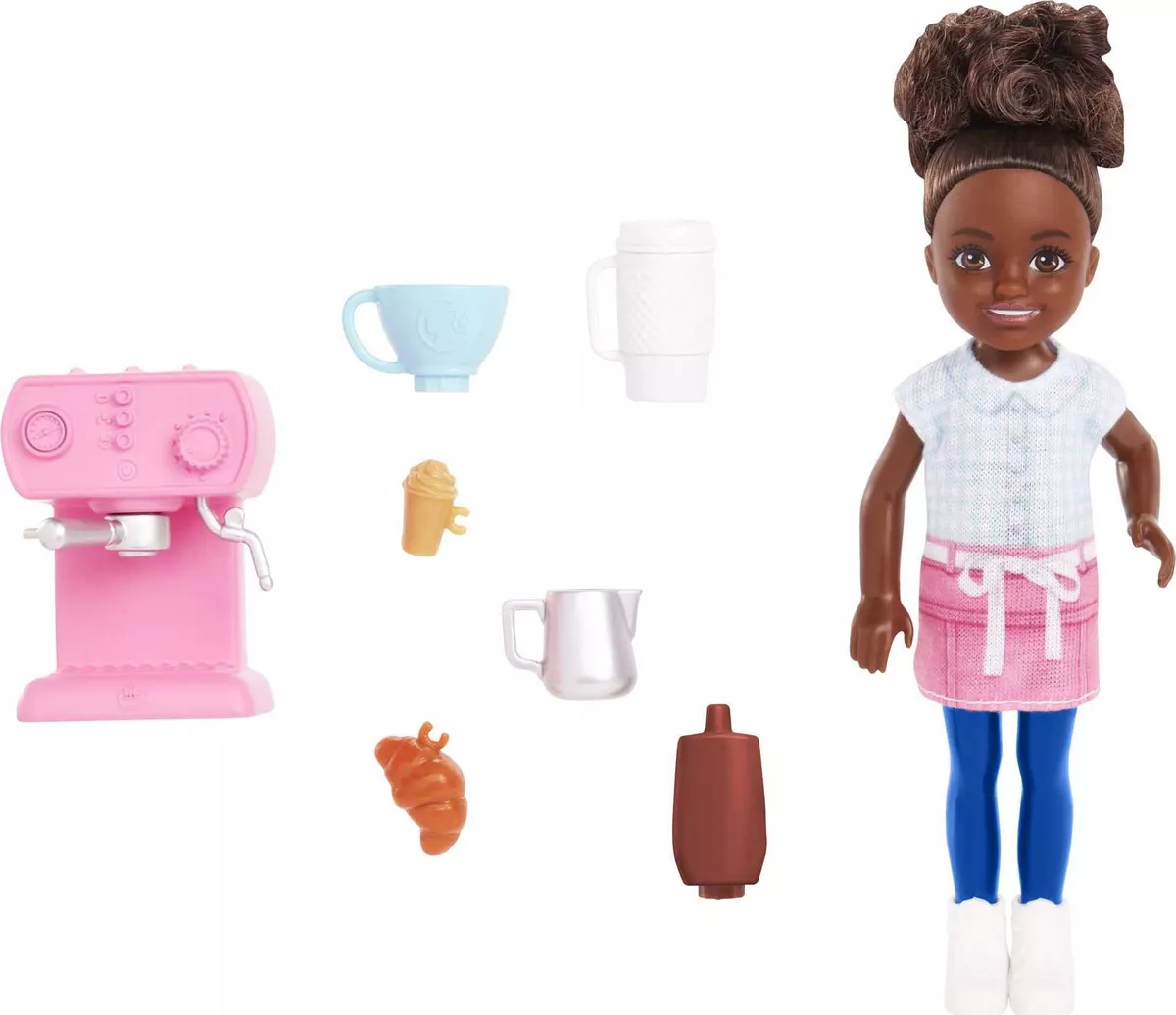 MUÑECA BARBIE ROSADO CHELSEA APRENDIENDO PROFESIONES BARISTA MATTEL