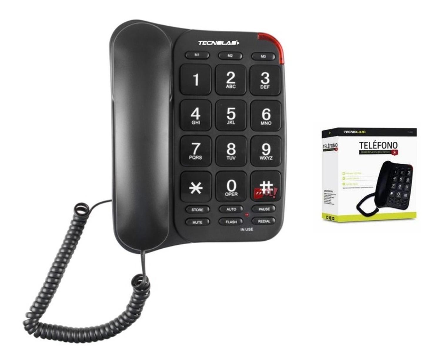 TELÉFONO FIJO TECNOLAB CON NÚMEROS GRANDES NEGRO - PS