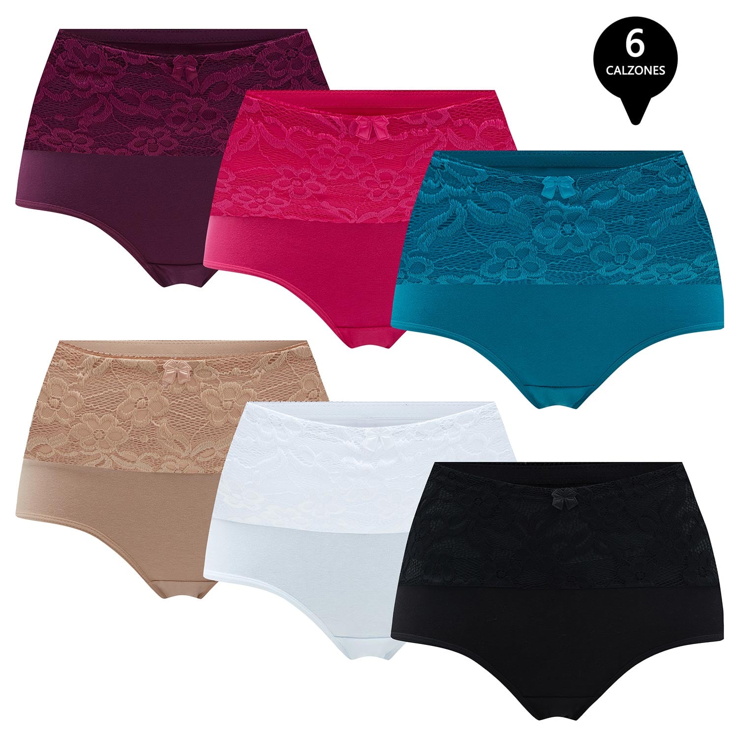 PACK DE 6 CALZON TIRO ALTO MUJER GIOVACCHINO G-120-P6-C2 ALGODÓN CON ENCAJE