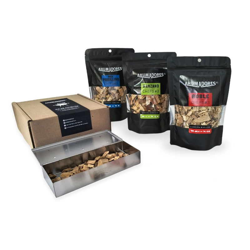 PACK REGALO CAJA AHUMADORA CON 3 BOLSAS CHIPS MADERA 150G