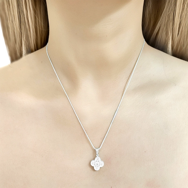 COLLAR TRÉBOL 4 HOJAS CIRCÓN EN COLOR BLANCO PLATA FINA 925