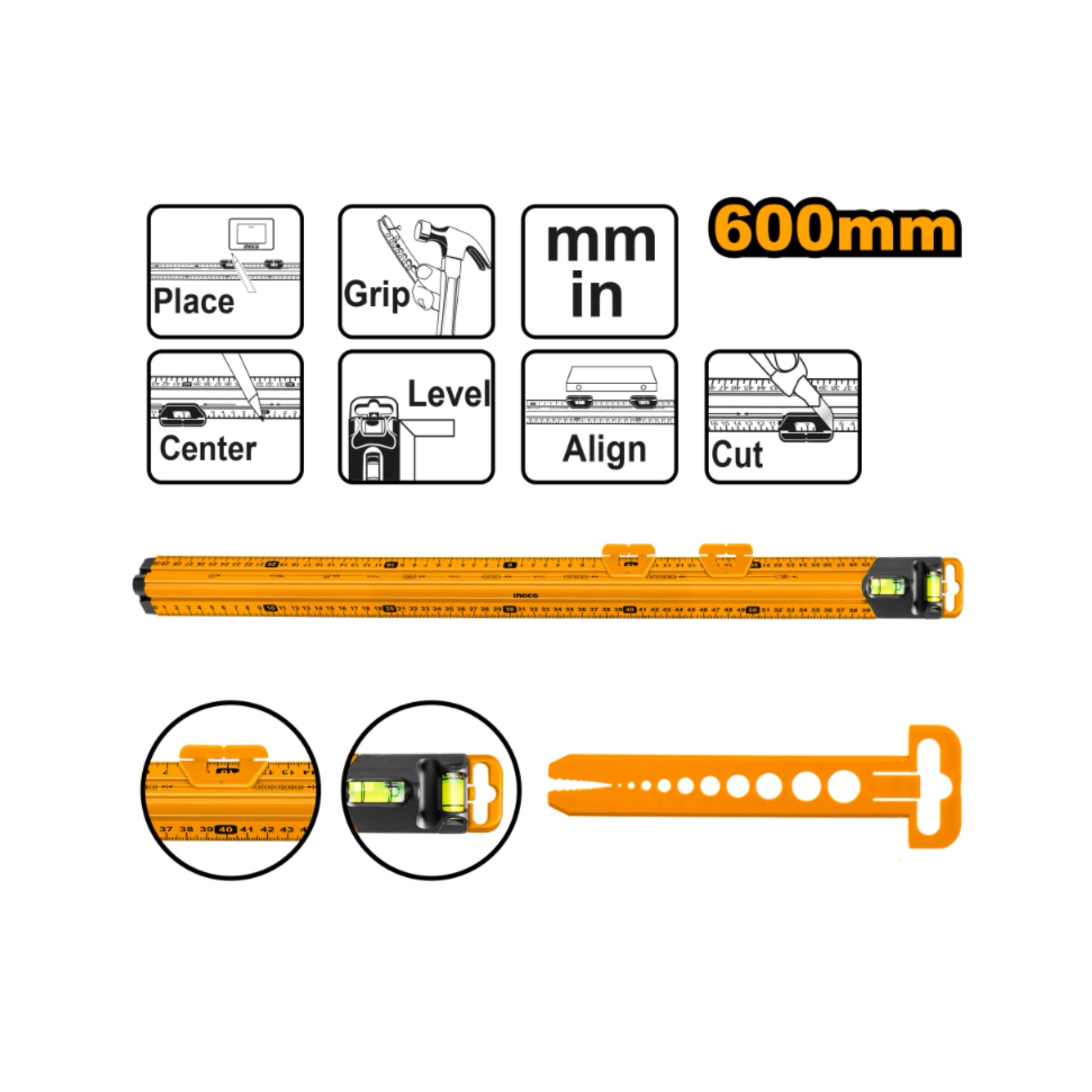 REGLA INGCO CON NIVEL BURBUJA 60 CM HSR36003 MULTIUSO