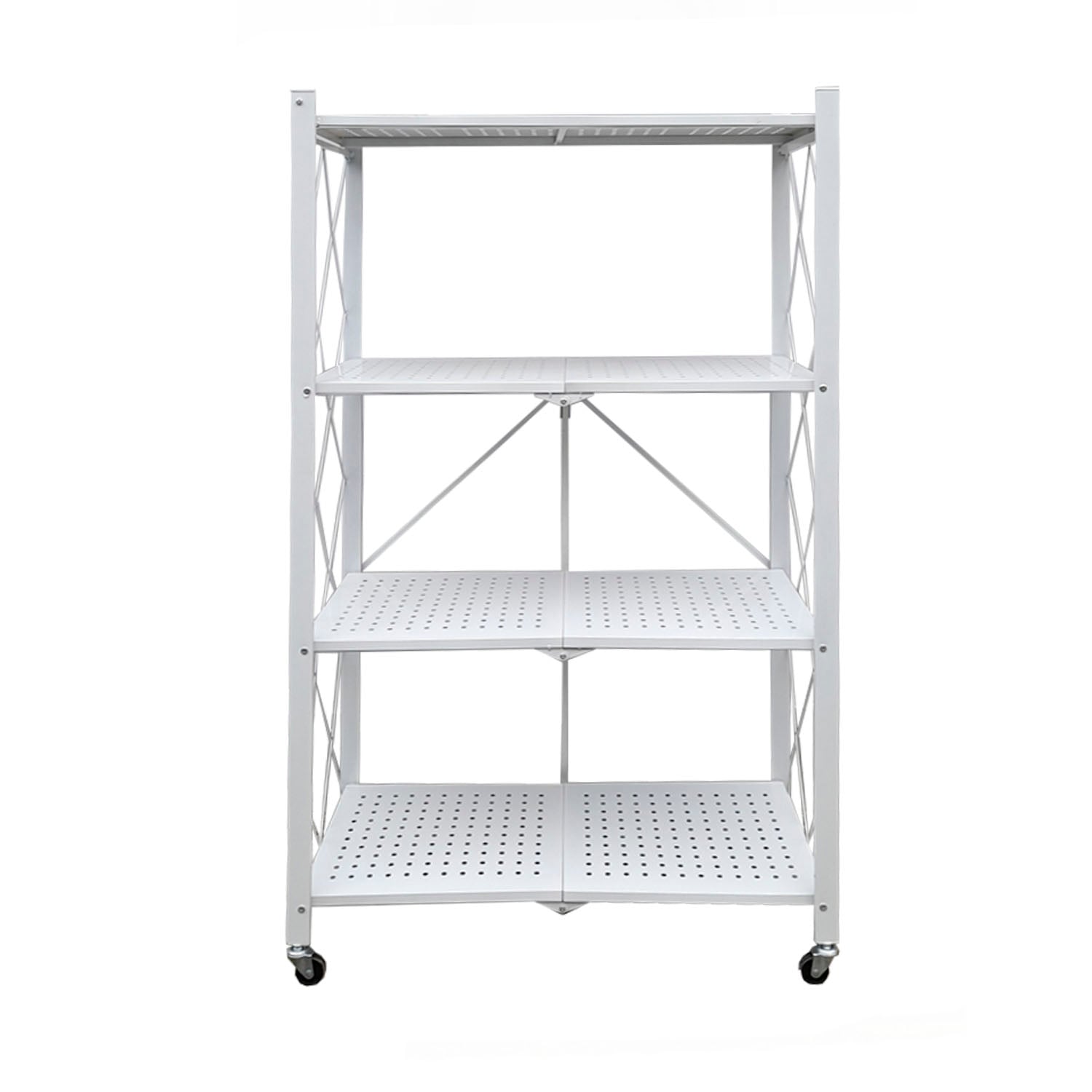 ESTANTE PLEGABLE METÁLICO DE 4 NIVELES CON RUEDAS COLOR BLANCO