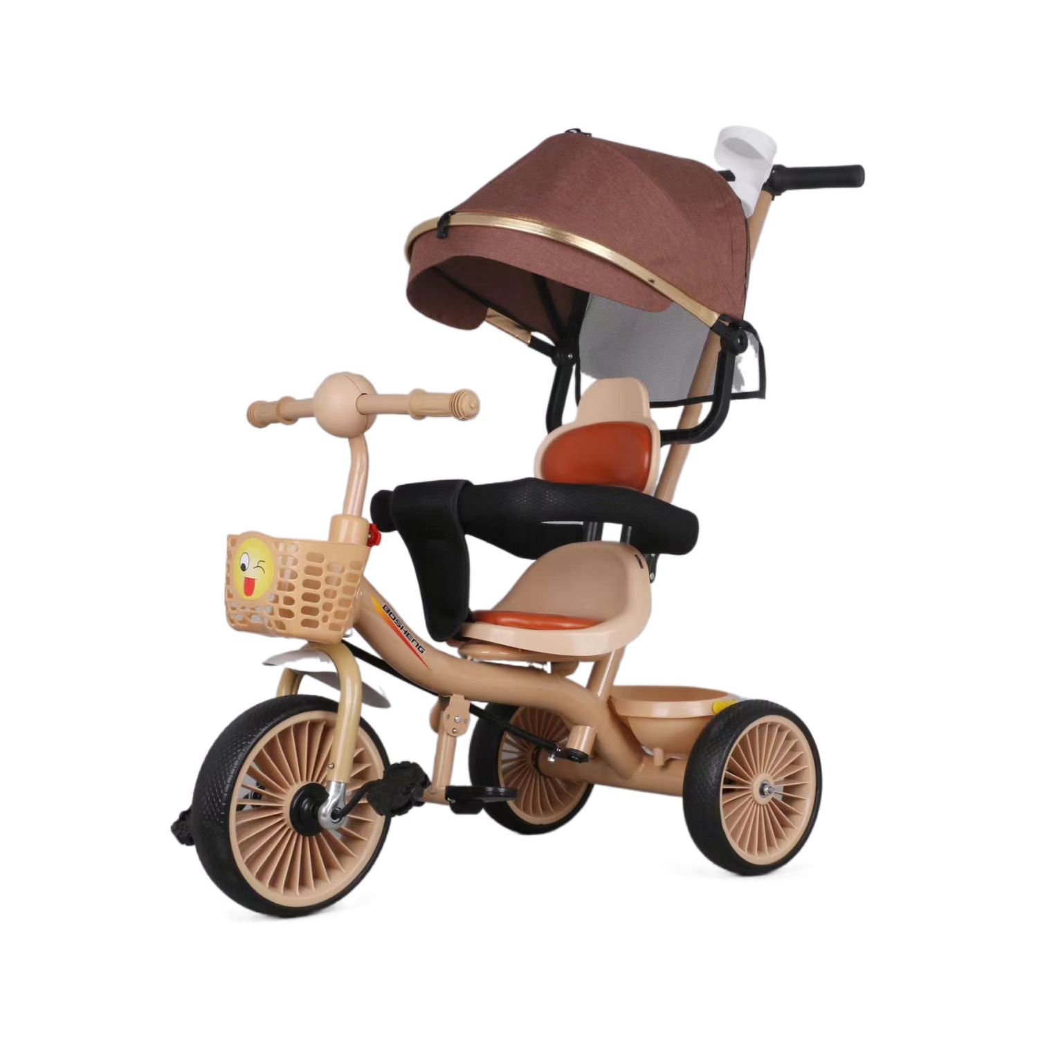 TRICICLO INFANTIL 2 ETAPAS METÁLICO CON TECHO Y BARRA GUÍA ROSA