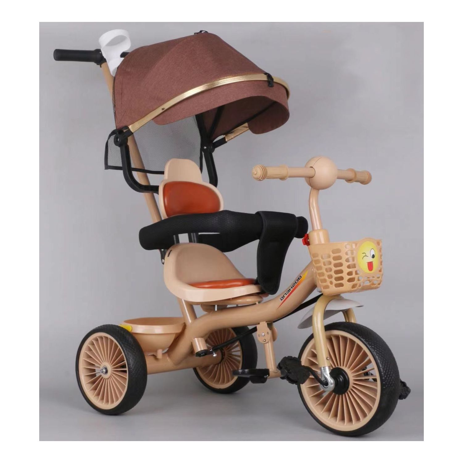 TRICICLO INFANTIL 2 ETAPAS METÁLICO CON TECHO Y BARRA GUÍA ROSA