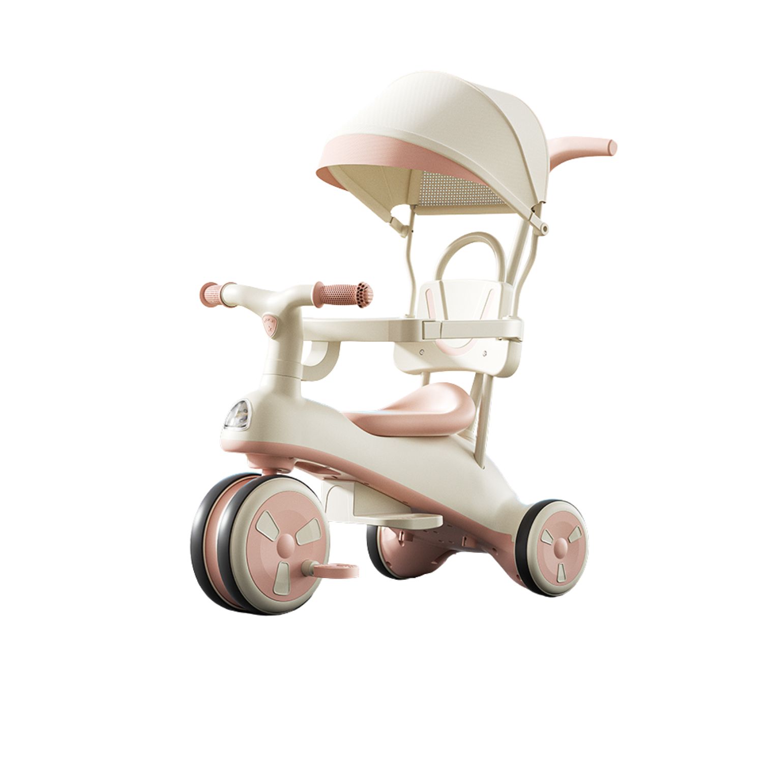 COCHE TRICICLO CON TECHO Y ANDADOR CON LUZ Y MÚSICA ROSA