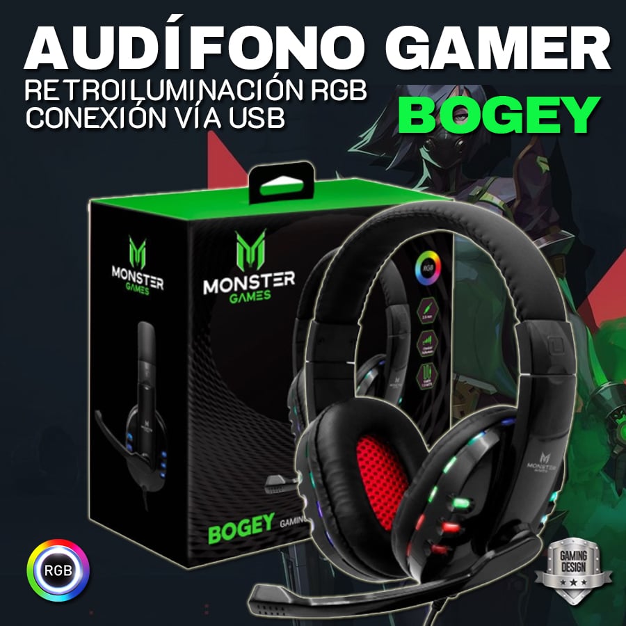 AUDÍFONOS GAMER MONSTER HEADSET BOGEY GAMES RGB