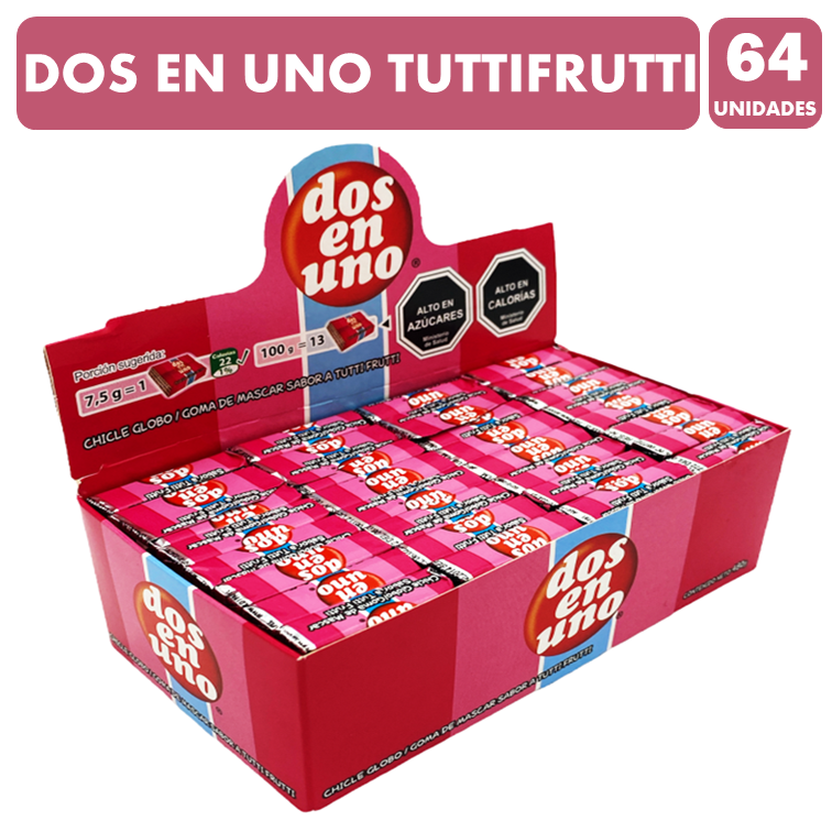 Ripley - CHICLE DOS EN UNO SABOR TUTTI FRUTTI (CAJA CON 64 UNIDADES)