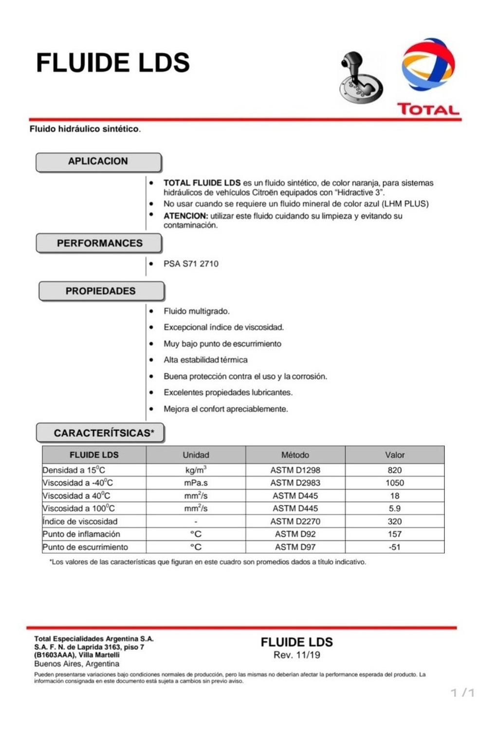 ACEITE TOTAL LUBRICANTE HIDRÁULICO LDS SINTÉTICO 1LT CITROËN