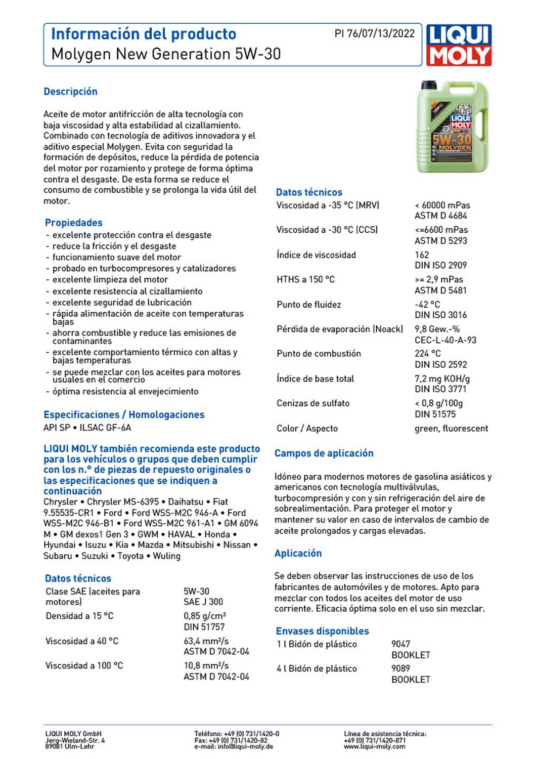 ACEITE MOTOR LIQUI MOLY 5W30 MOLYGEN 5LT