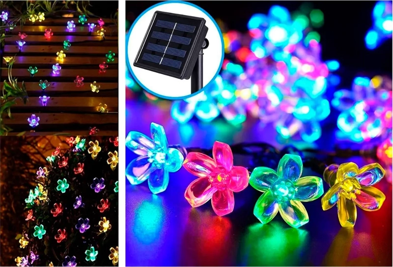 PACK X3 LUCES LED FLORES SOLAR LINEAL GUIRNALDA NAVIDAD MULTICOLOR