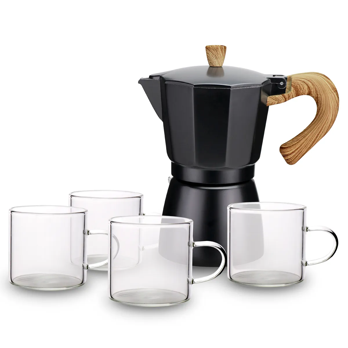 CAFETERA ITALIANA RIPLEY HOME + 4 TAZAS VIDRIO